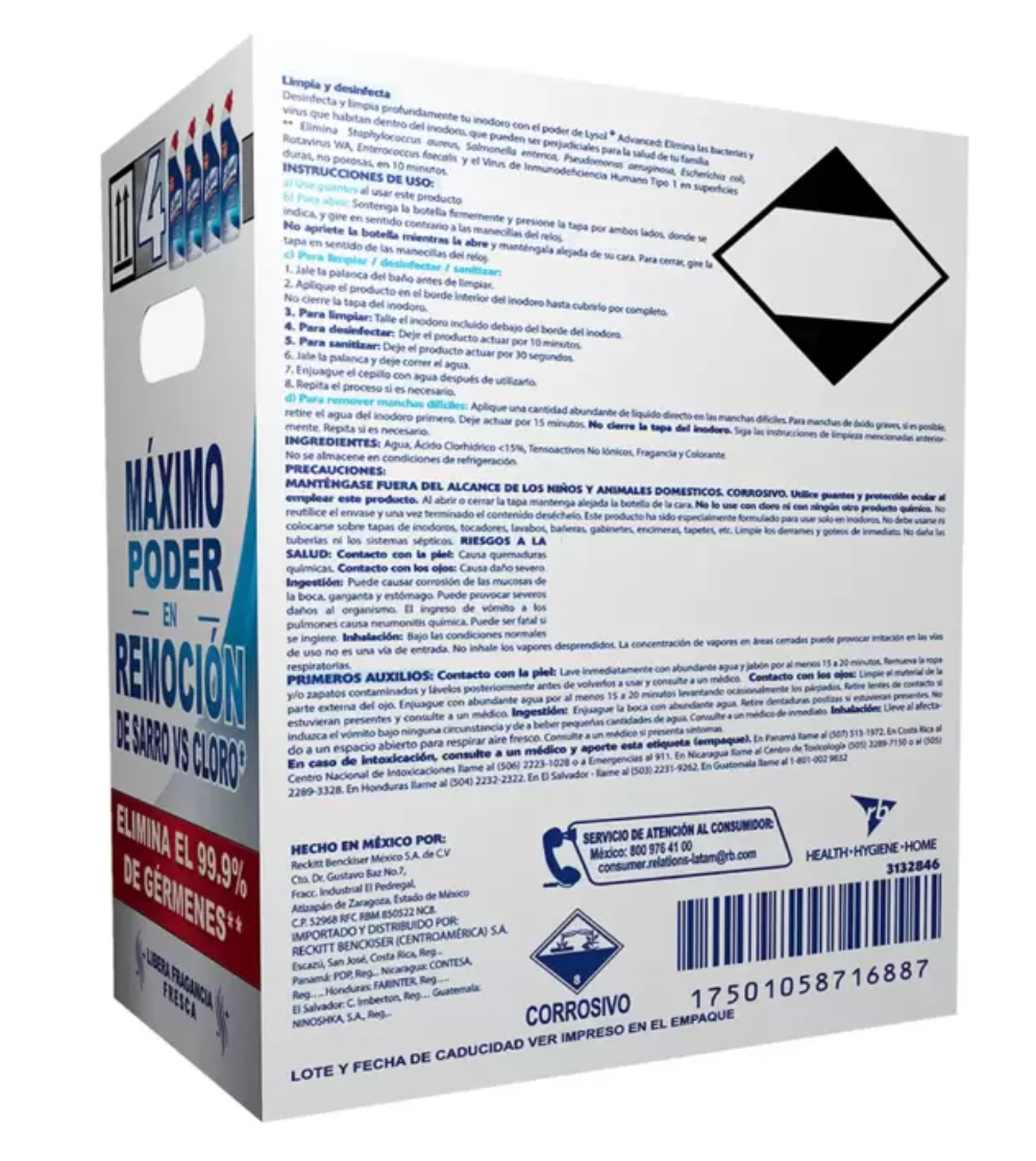 Lysol Advanced Limpiador Desinfectante para Inodoro 4 piezas de 750 ml ...