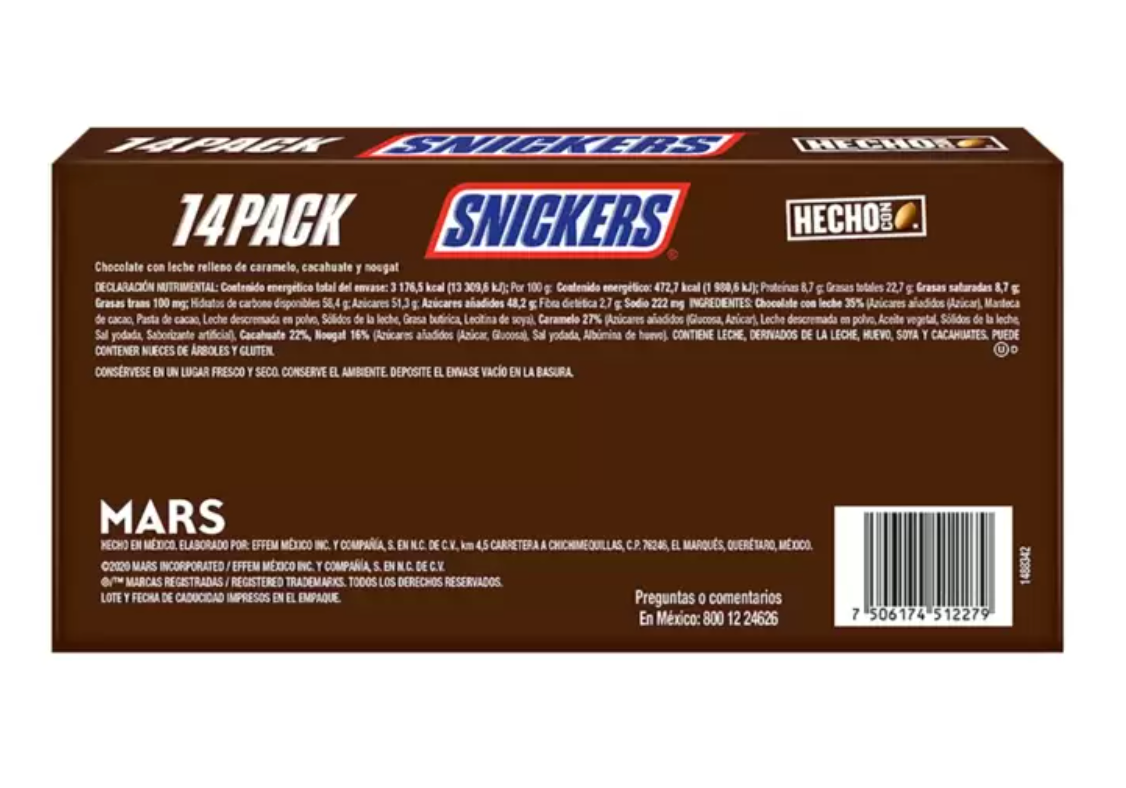 Snickers Chocolate Relleno de Caramelo, Cacahuate y Nougat 14 pzas de ...