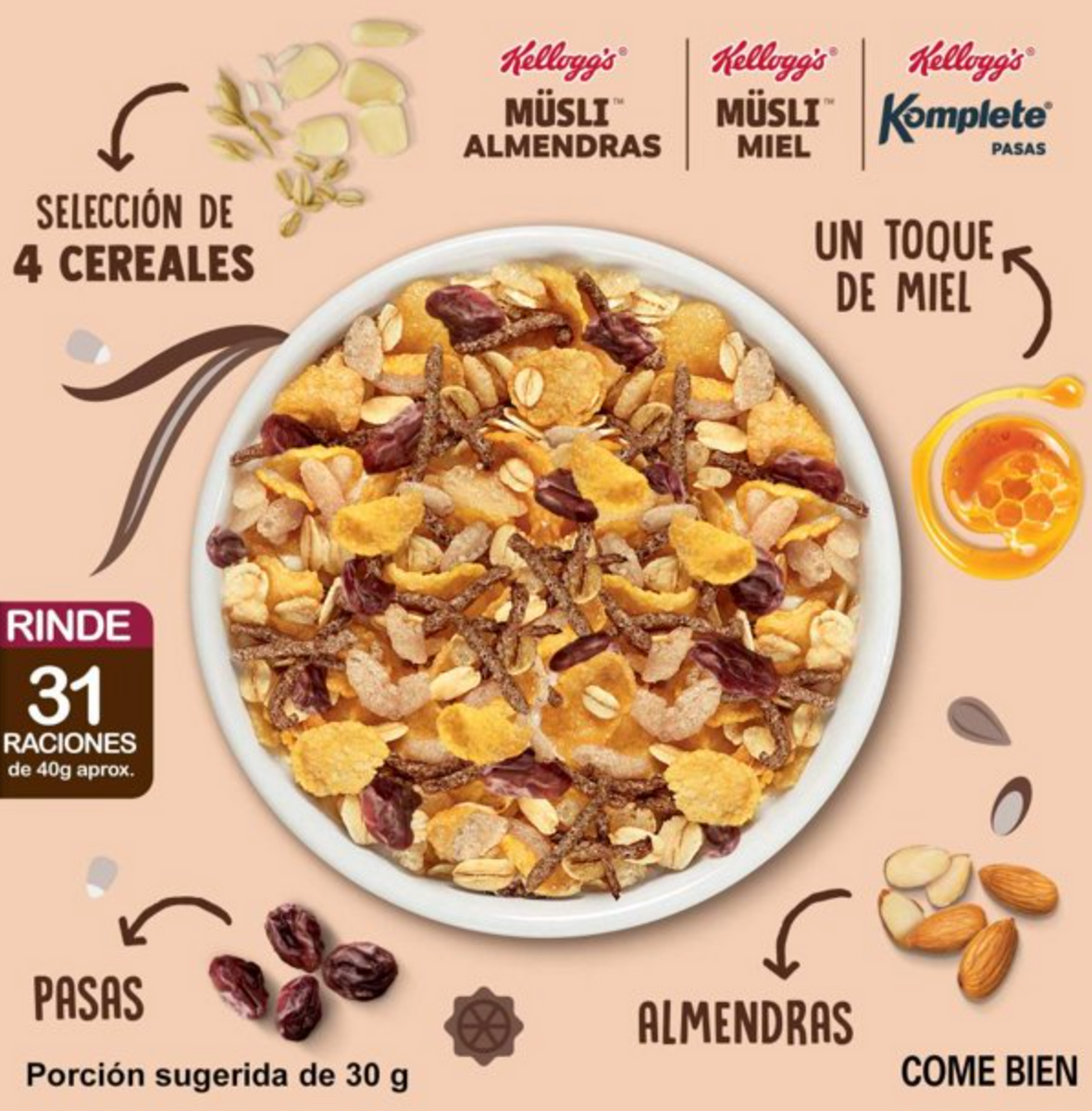 Cereal Musli Kellogg's Variety Almendras, Miel y Pasas 1.27 kg - ZK ...